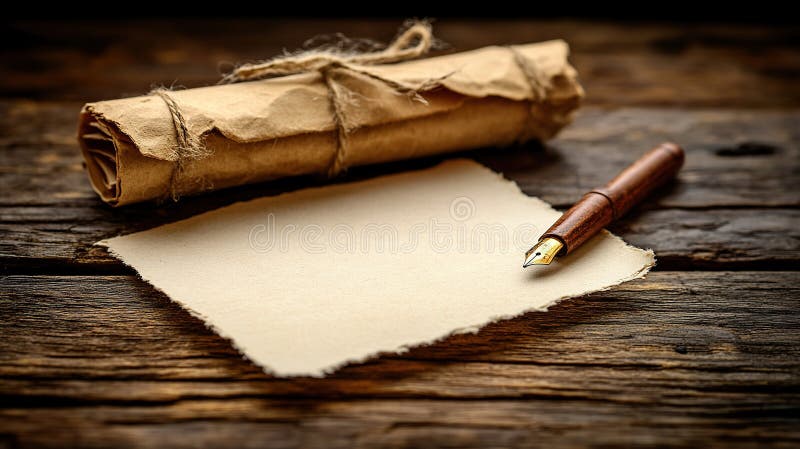Aged Scroll and Pen on Rustic Wood Stock Image - Image of rustic ...