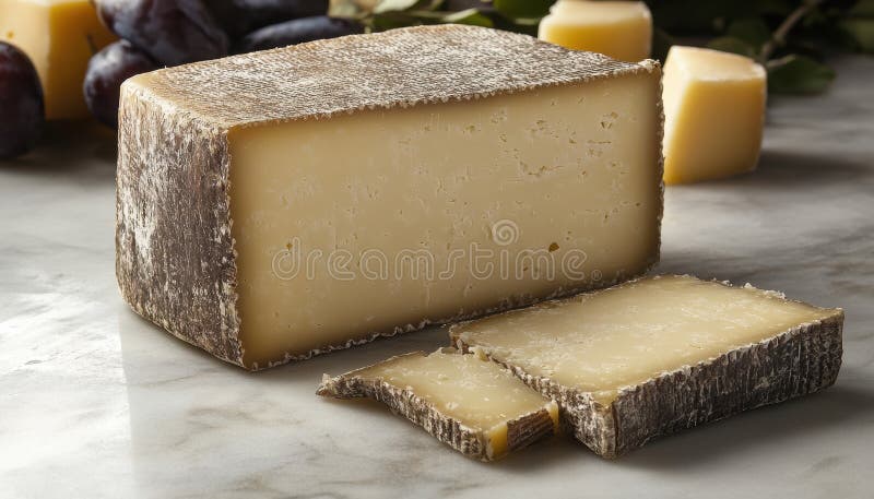 Aged Sharp Cheddar Cheese Displayed on a Marble Countertop with Fruits ...