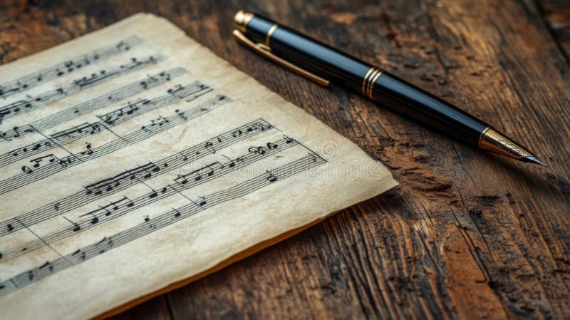Aged Sheet Music and Elegant Pen on Wooden Surface Stock Illustration ...