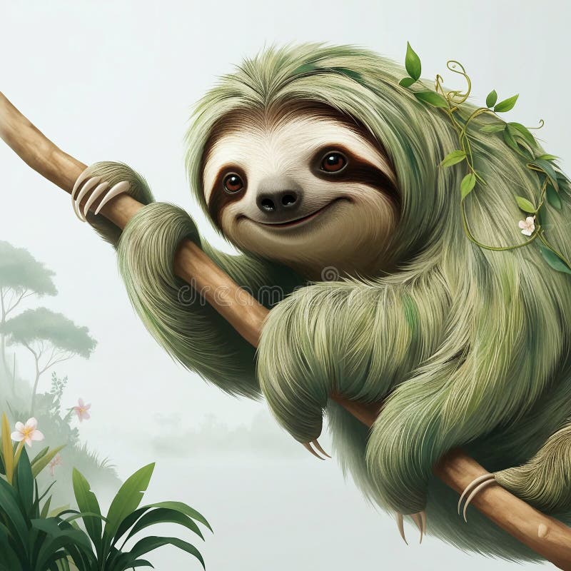 An Aged Sloth, Its Fur Matted with Moss and Lichen, Sits Atop a Gnarled ...