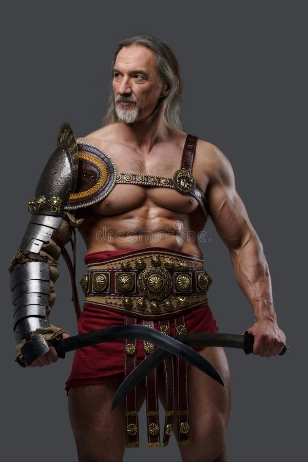 Aged but Still Mighty Muscular Gladiator with Long Grey Hair and Beard ...