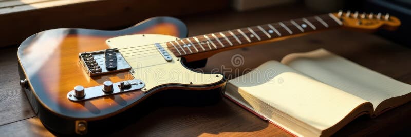 Aged Telecaster, Open Notepad, Wooden Desk, Natural Light, Natural ...