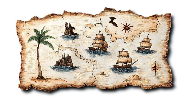 Aged Treasure Map Illustration with Ships and Tropical Elements Stock ...
