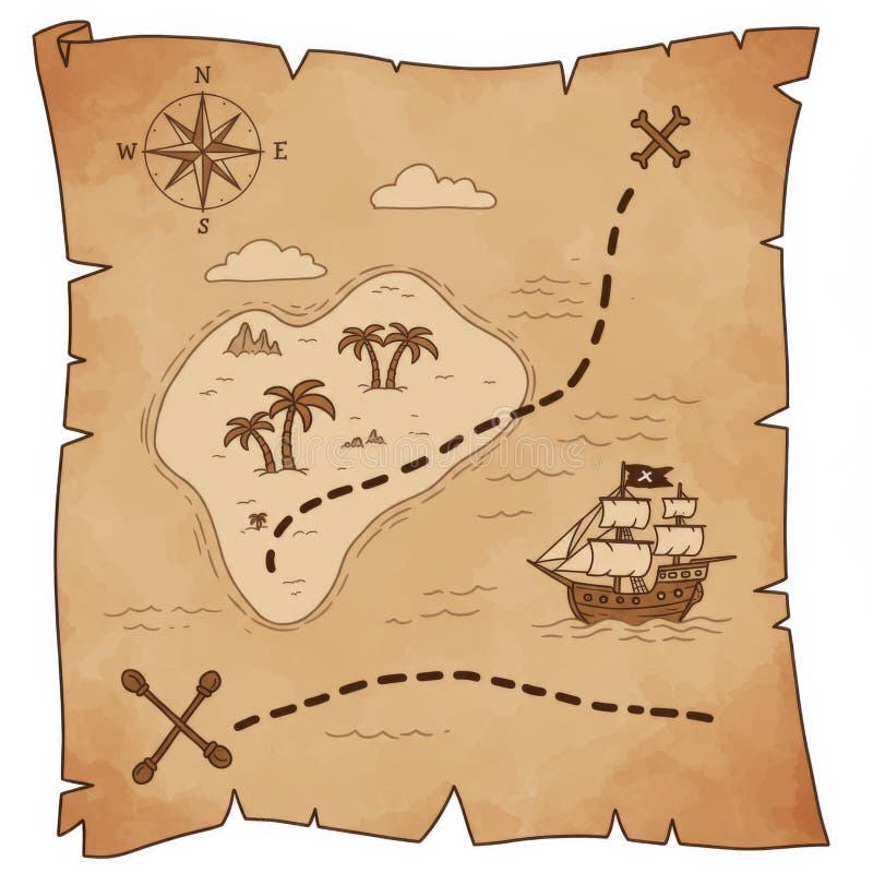 Aged Treasure Map Illustration Showing Island and Pirate Ship Stock ...