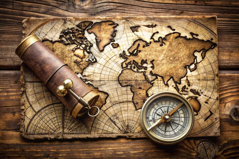 Aged Treasure Map, Ruler, and Old Bronze Compass on Table Stock ...