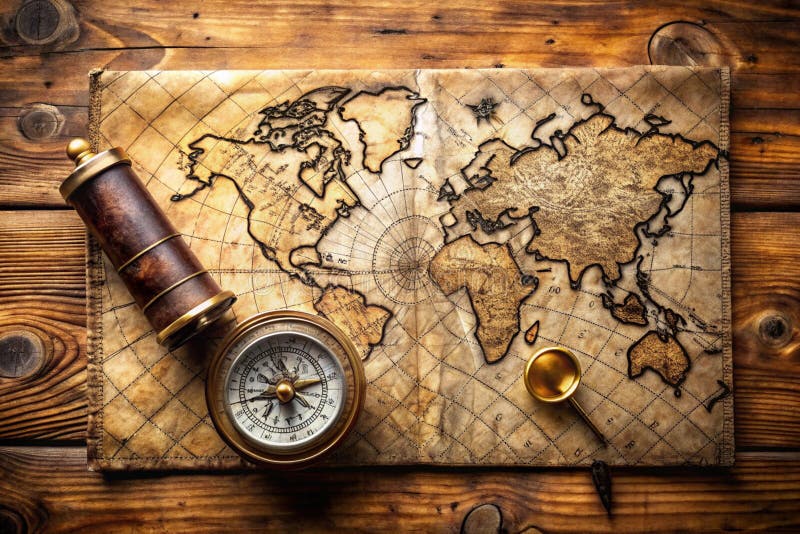 Aged Treasure Map, Ruler, and Old Bronze Compass on Table Stock ...