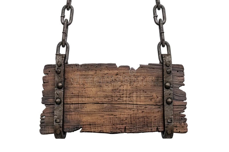 Aged Wood Sign Hanging by Chains for Mockups, Isolated on White Stock ...