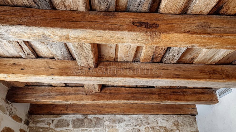 Aged Wooden Beams and Stone Wall Ceiling Structure Stock Illustration ...