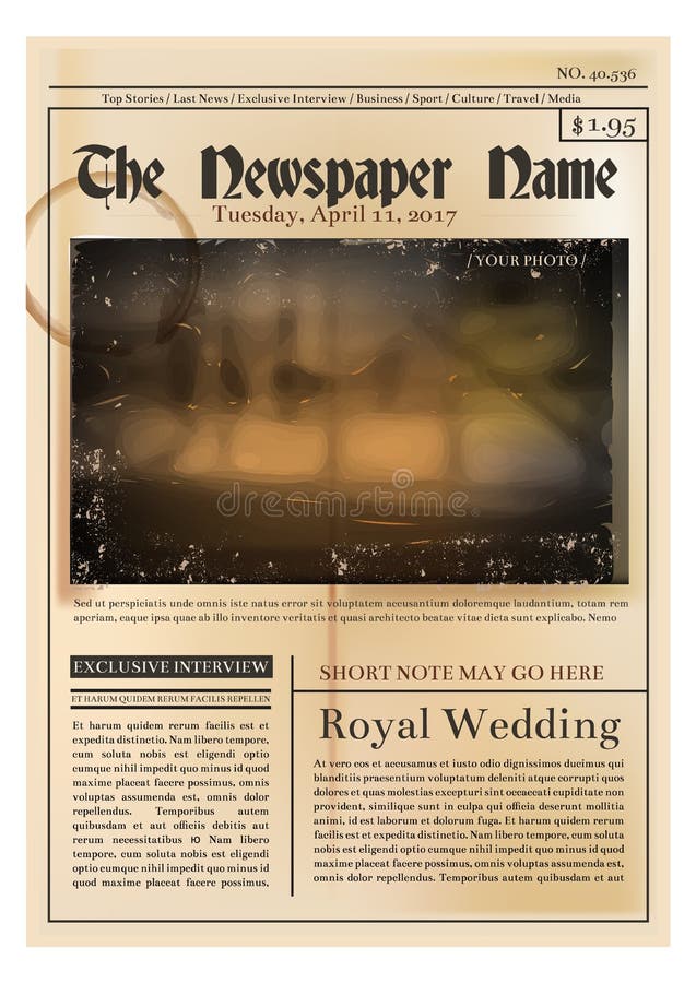 Aged Yellow Newspaper Template. Vintage Front Page Stock Vector ...