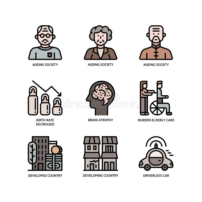 Ageing Society icons set stock vector. Illustration of population ...