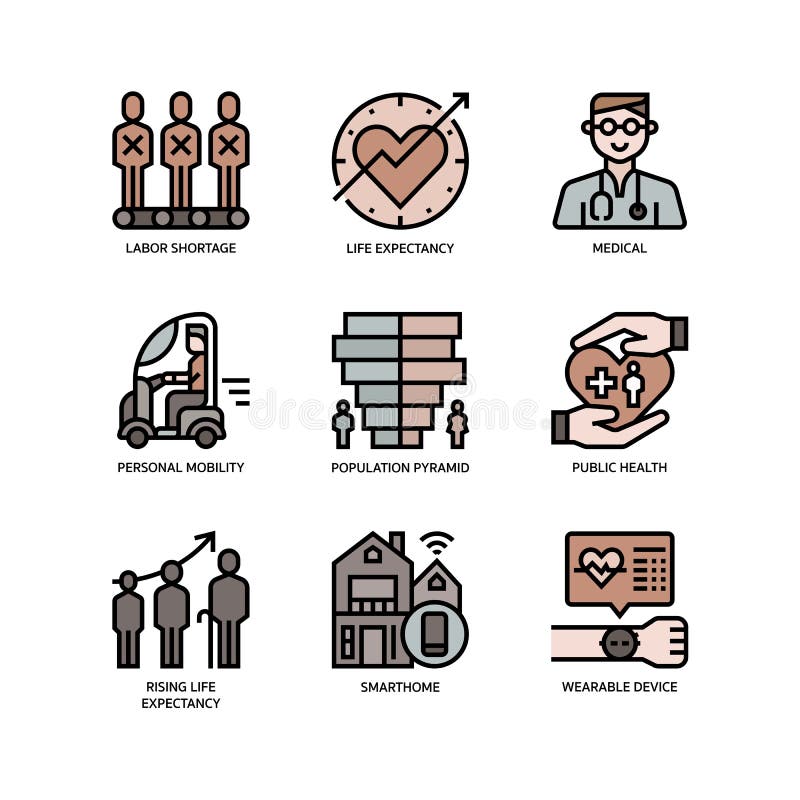 Ageing Society icons set stock vector. Illustration of population ...
