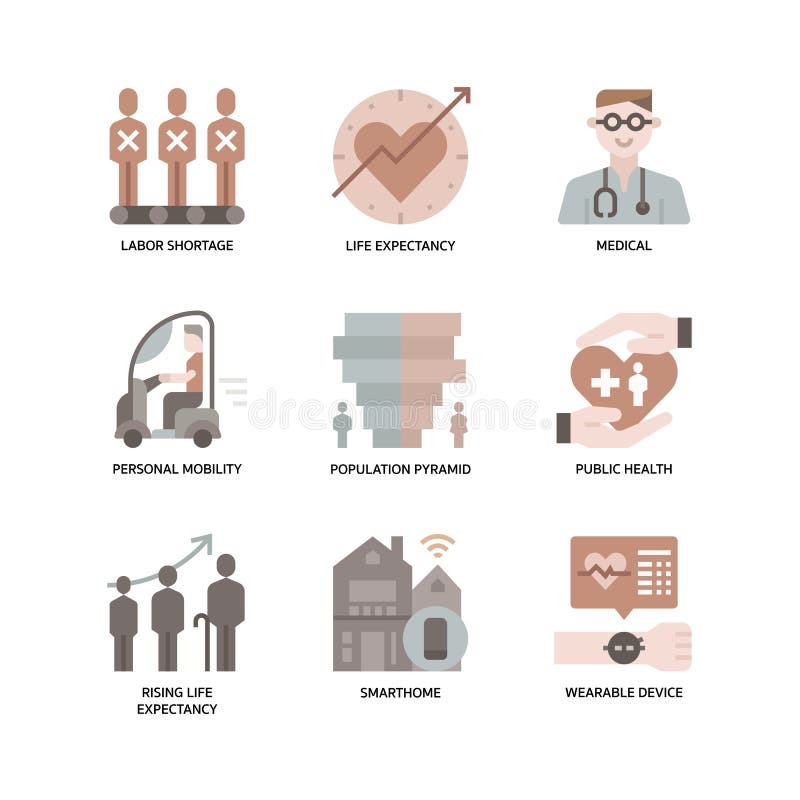 Ageing Society icons set stock vector. Illustration of population ...