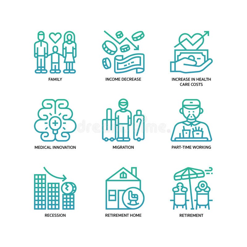 Ageing Society icons set stock vector. Illustration of population ...