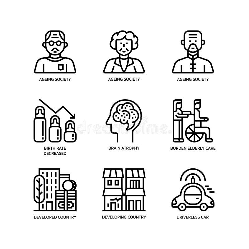 Ageing Society icons set stock vector. Illustration of population ...