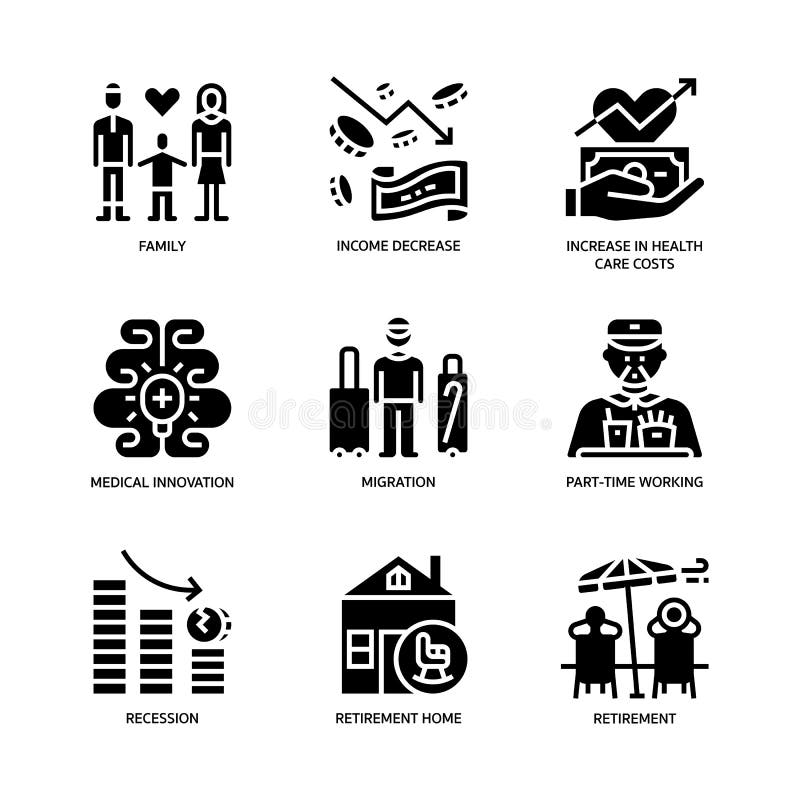 Ageing Society icons set stock vector. Illustration of population ...