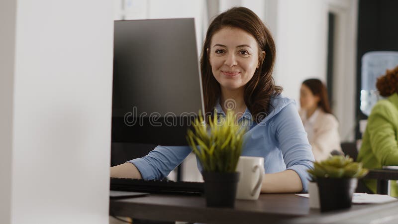 Agency Employee Working in Corporate Office with Pc Stock Photo - Image ...
