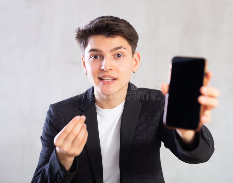 Agent in Black Suit Jacket Shows Dark Empty Mobile Phone Screen and ...