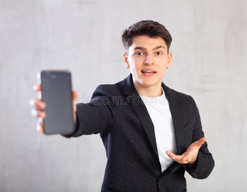 Agent in Black Suit Jacket Shows Dark Empty Mobile Phone Screen and ...