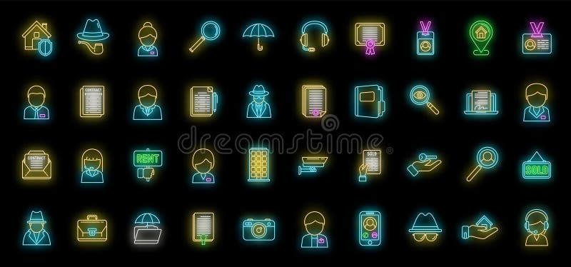 Agent Icons Set Vector Neon Stock Illustration - Illustration of work ...