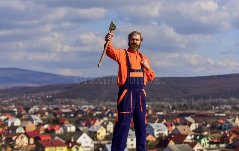 Aggression Concept. Bearded Man in Uniform. Mature Man Builder Use Axe ...