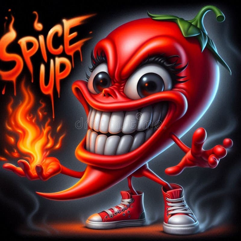 Aggressive Anamorphic Stylized Red Chili with Mischievous Grinning Face ...