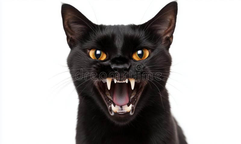 Aggressive Black Cat with Sharp Teeth and Fierce Expression, Showcasing ...