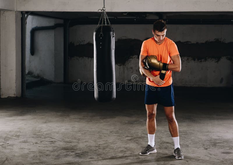 Aggressive Boxer in Boxing Gloves Training with Punching Bag Stock ...