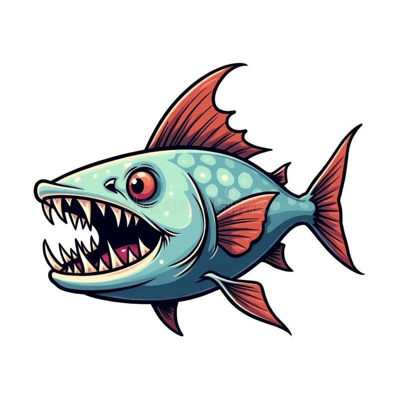 Aggressive Cartoon Fish, Teal and Red, Vector Illustration, Fierce ...