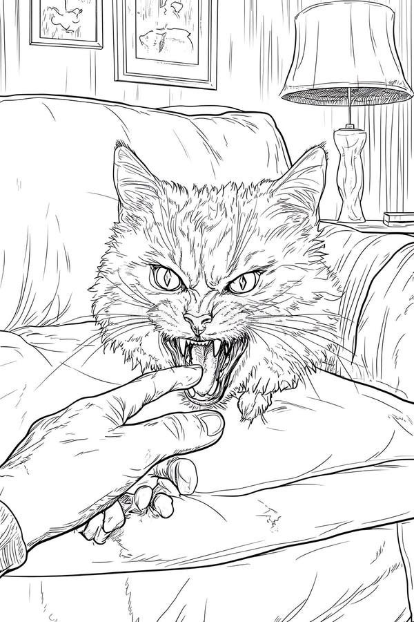 Aggressive Cat Biting a Hand on a Couch Stock Illustration ...
