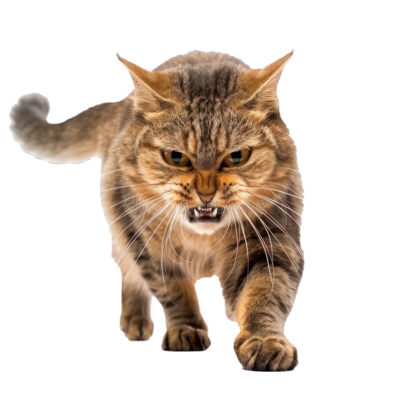 Aggressive Cat Walking and Showing Teeth on White Background Stock ...