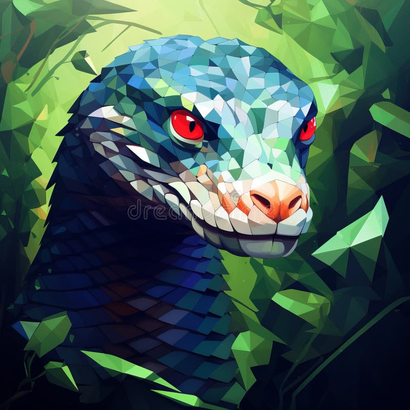 Aggressive Geometric Creature on Leaf: Cobra in Dark Azure and Red ...