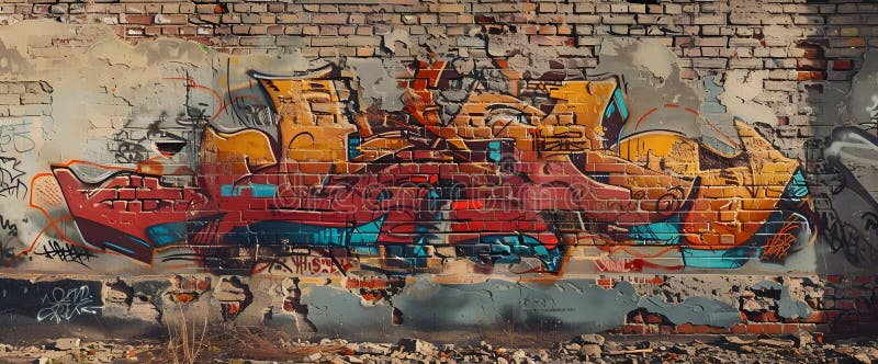 Aggressive Graffiti in Warm Colors Covers Brick Walls, Wall Art ...