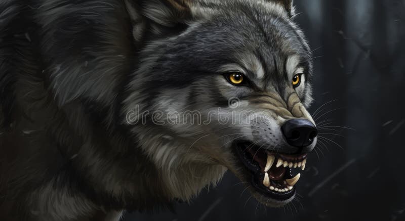 Aggressive Grey Wolf Portrait, Bared Teeth, Dark Forest Stock Illustration - Illustration of ...