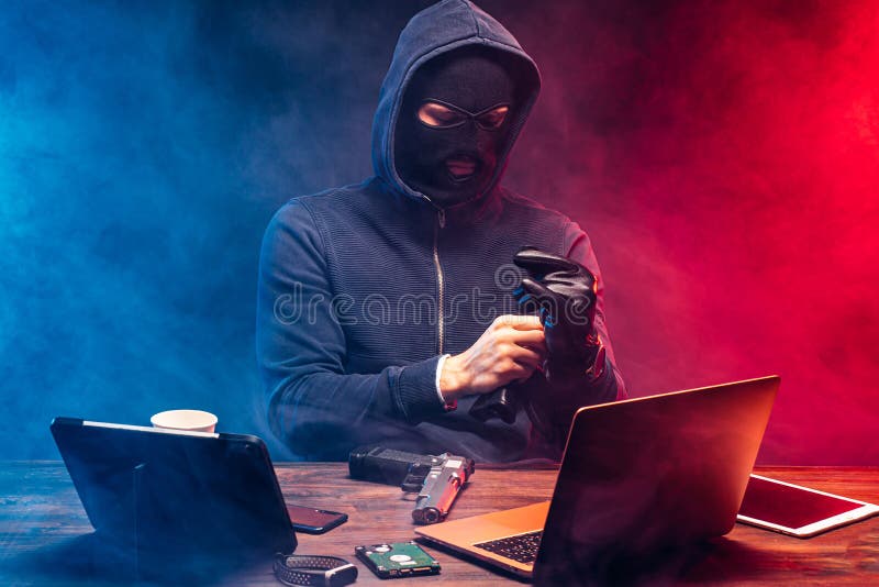 Aggressive Hacker Man with Laptop Isolated in Dark Space Stock Photo ...
