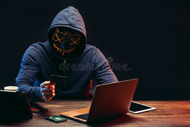 Aggressive Hacker Man with Laptop Isolated in Dark Space Stock Image ...