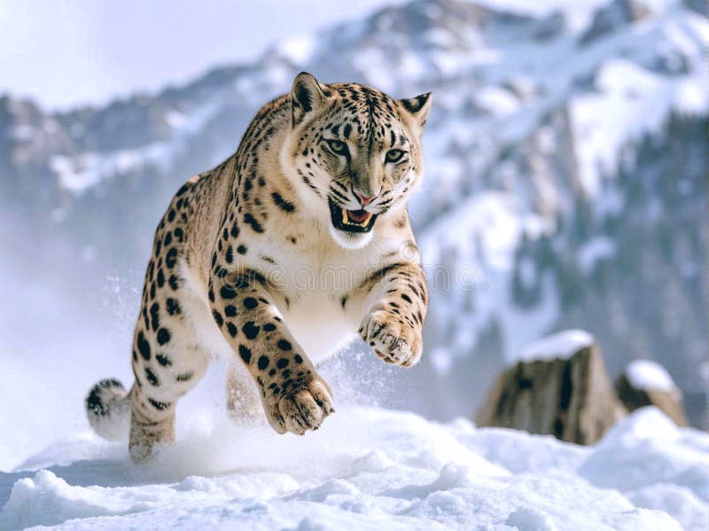 An Aggressive Jumping Snow Leopard - Panthera Uncia - in Action - Himalayan Mountains in ...