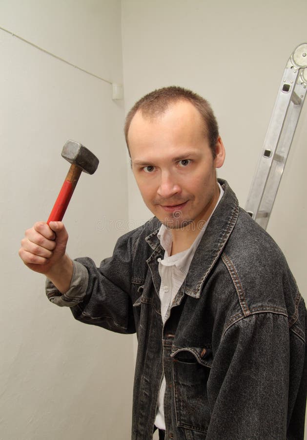 Angry, Aggressive Man with a Big Hammer Stock Photo - Image of ...