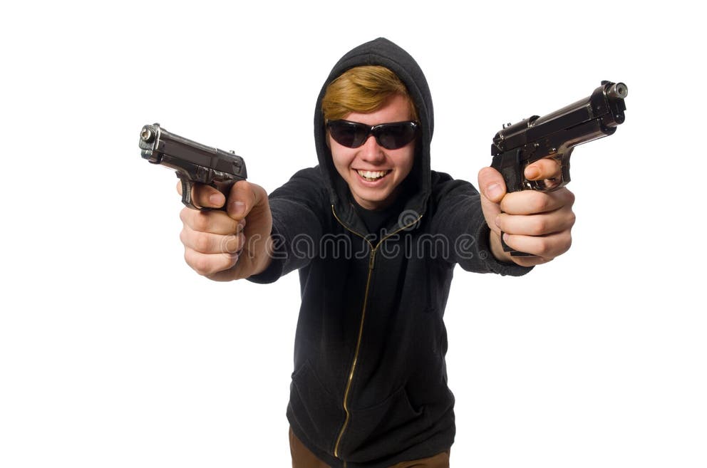 The Aggressive Man with Gun Isolated on White Stock Image - Image of ...