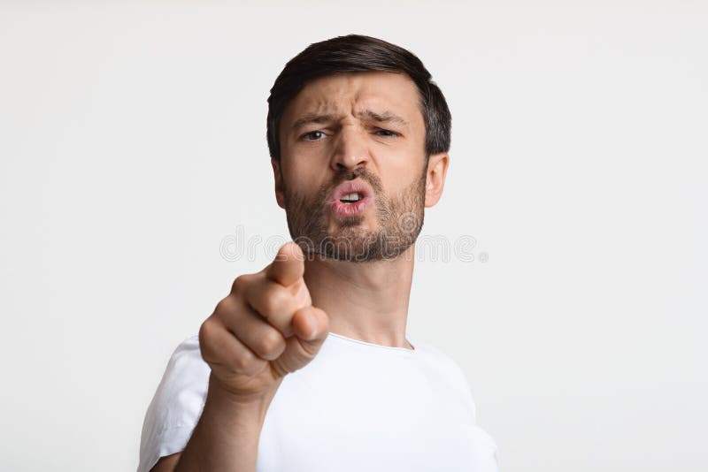 Aggressive Man Pointing Finger at Camera Blaming You, White Background ...
