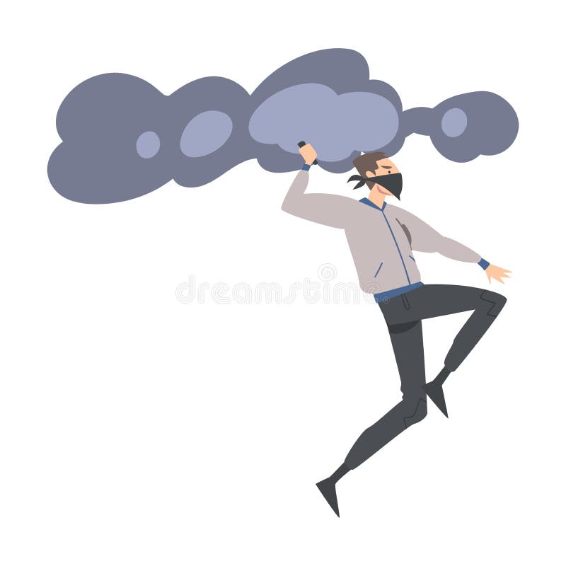Aggressive Man Radical with Covered Face Throwing Smoke Grenade Vector ...