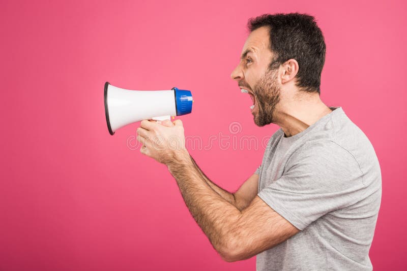 Aggressive Man Shouting with Megaphone, Isolated Stock Image - Image of ...