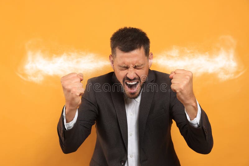 Aggressive Man with Steam Coming Out of His Ears on Blue Background ...