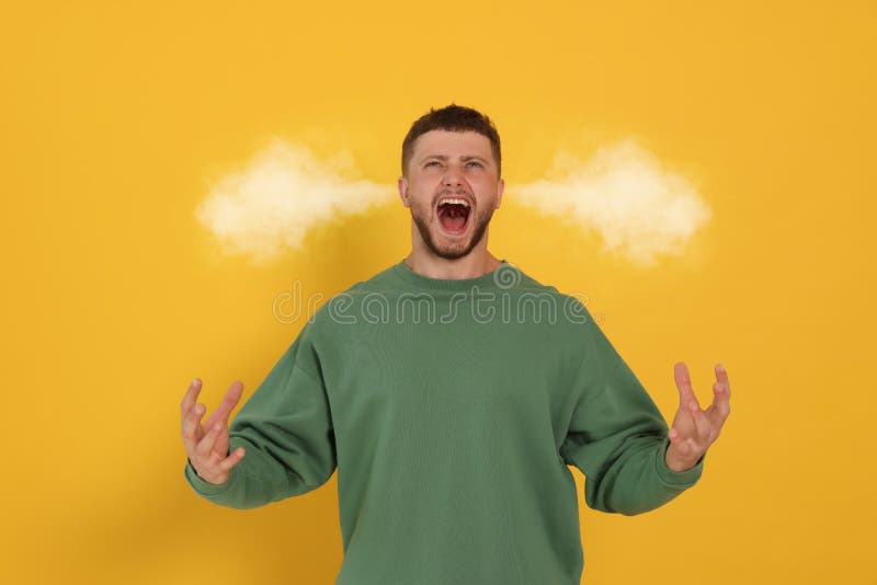 Aggressive Man with Steam Coming Out of His Ears on Background Stock ...