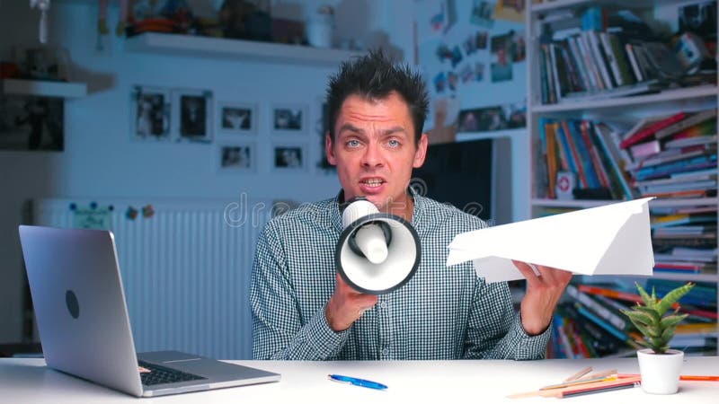 Aggressive Manager Shouting into a Megaphone and Waving Documents Stock ...