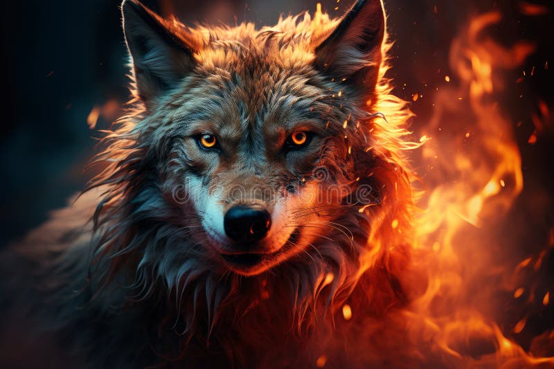 Aggressive Mystical Angry Wolf on a Dark Background with Smoke and Fire ...