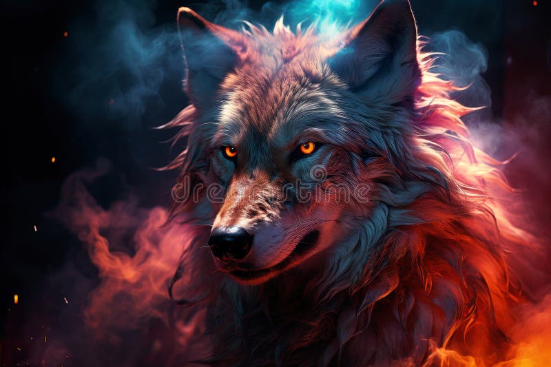 Aggressive Mystical Angry Wolf on a Dark Background with Smoke and Fire ...