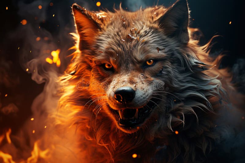 Aggressive Mystical Angry Wolf on a Dark Background with Smoke and Fire ...