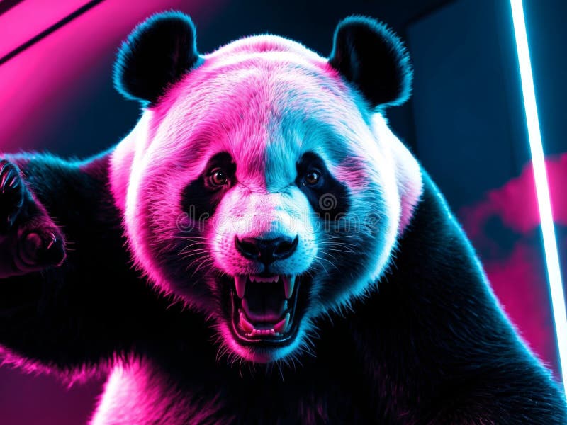 Aggressive Panda with Vivid Pink and Blue Lighting. Stock Image - Image ...
