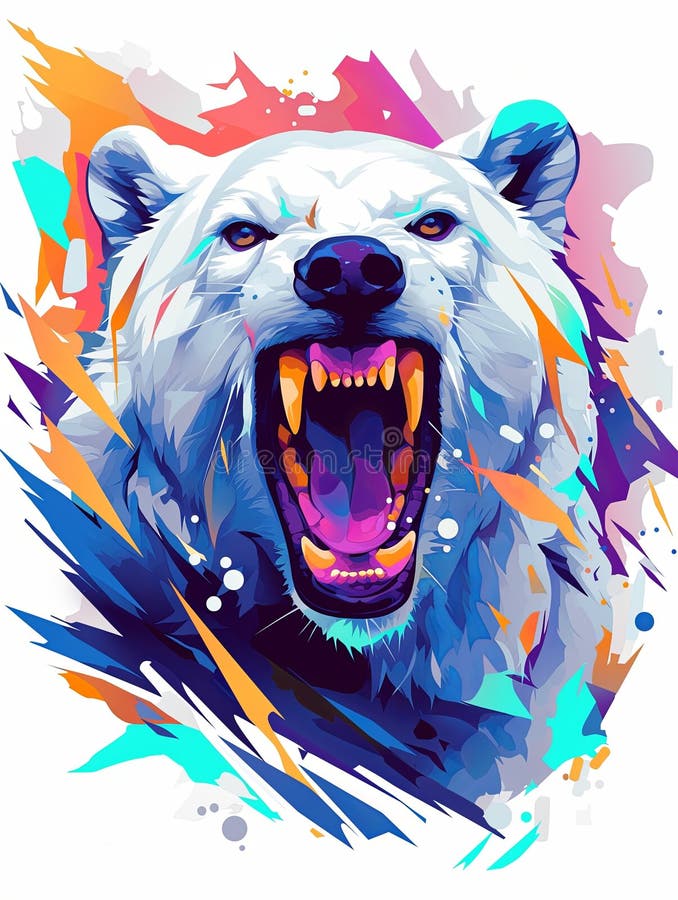 Aggressive Polar Bear Portrait in Vibrant, Abstract Art Style Stock ...