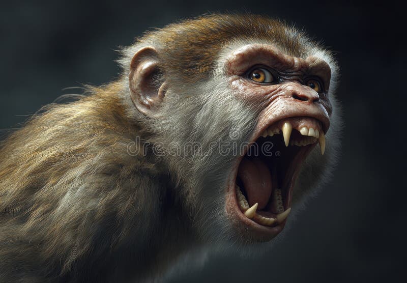 Aggressive Primate Portrait Brown Fur, Bared Teeth, Dramatic Lighting ...